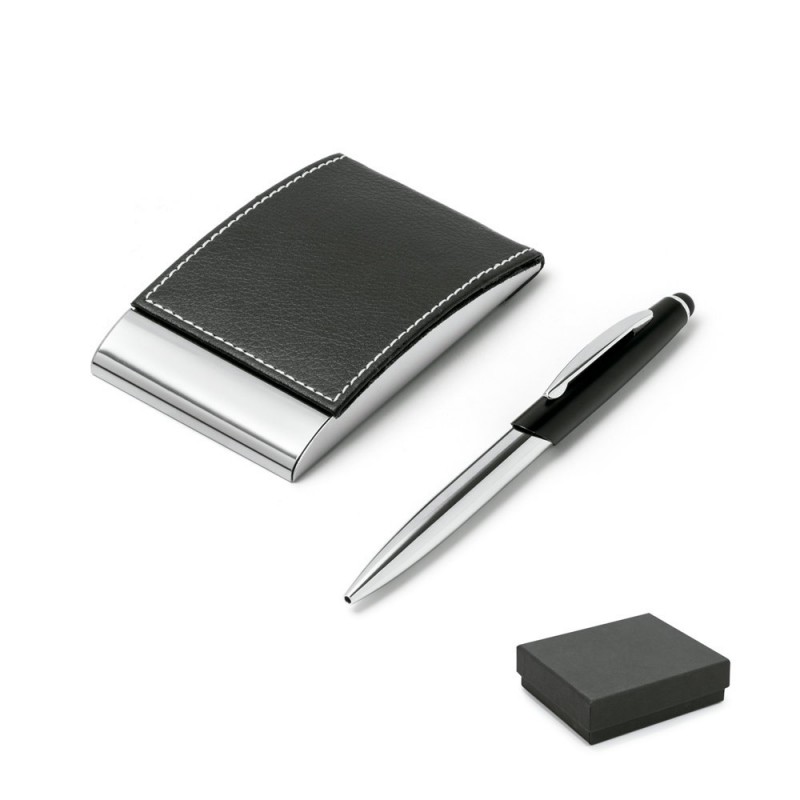 Set suport carti de vizita metalic cu piele si pix metalic touchscreen ...